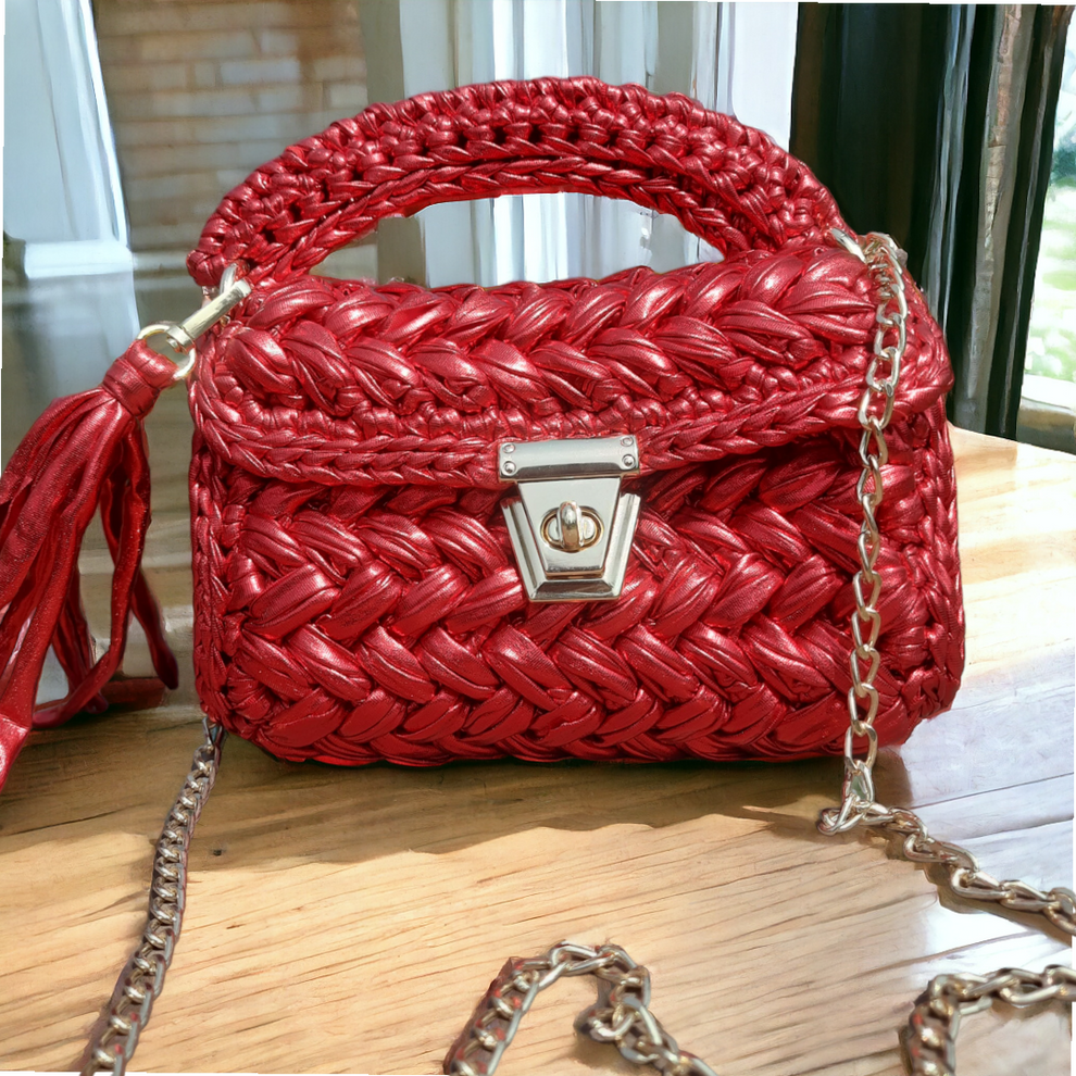 Shiroli Handmade Designer Metallic Hot Red Crochet Bag