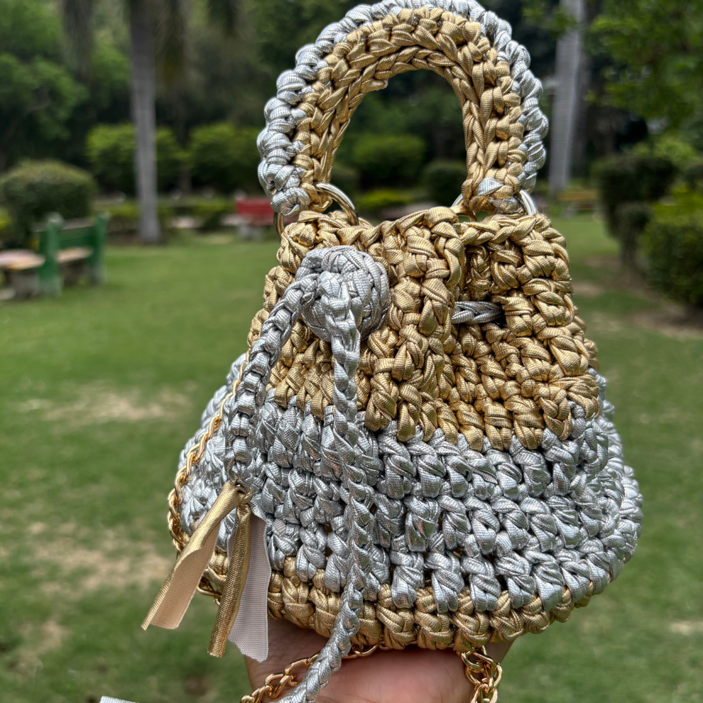 Shiroli Handmade Metallic Gold and Silver- Potli Crochet Bag